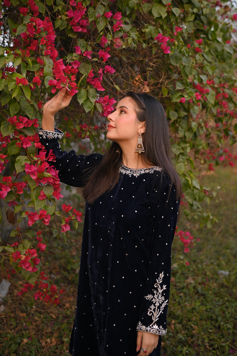 Zoe: Blue Velvet Kora Dabka HandWork Co Ord - 380 – Athenapparels